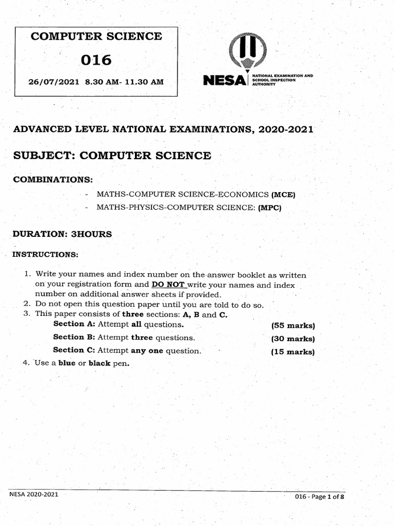 2021 Computer Science Past Paper | PDF