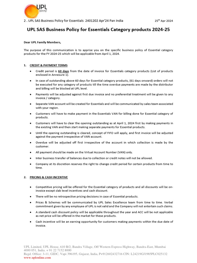 Essential Category Business Policy FY 24-25 | PDF | Discounting | Cash