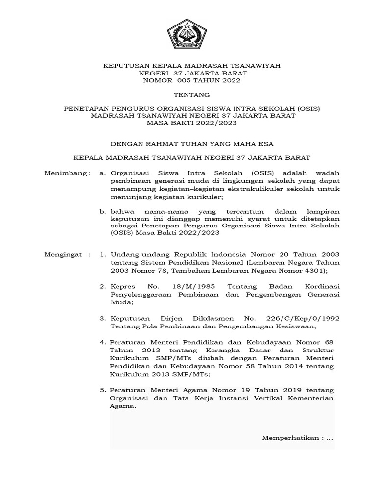 SK Penetapan Pengurus Osis | PDF