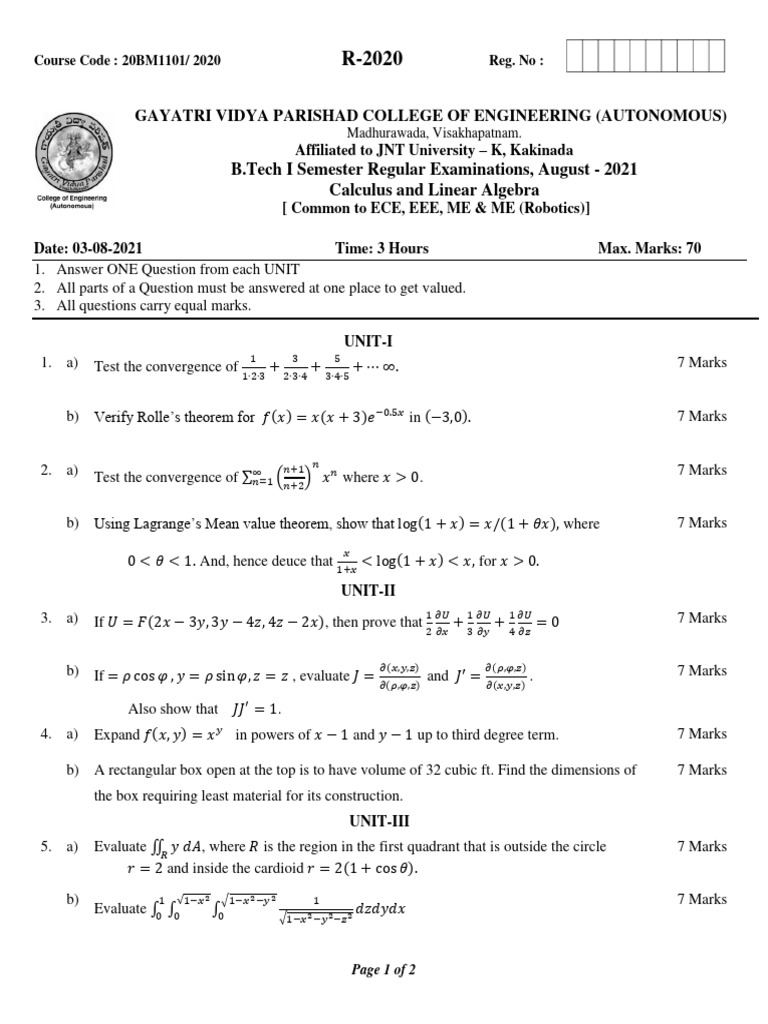 R2020 20BM1101 Calculus and Linear | PDF | Eigenvalues And Eigenvectors | Matrix (Mathematics)