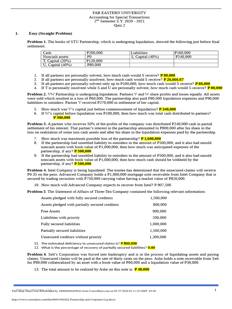 Partnership and Corporate Liquidation Quiz | PDF | Book Value ...