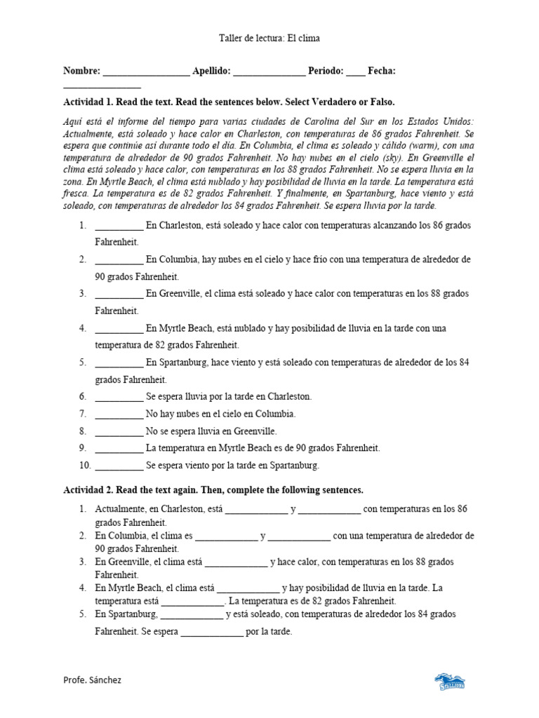 Taller de Lectura - El Clima | PDF | Clima | Fahrenheit