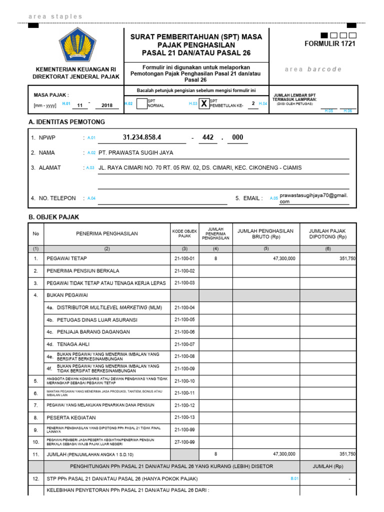 SPT PPh 21 PT Prawasta Sugih Jaya | PDF