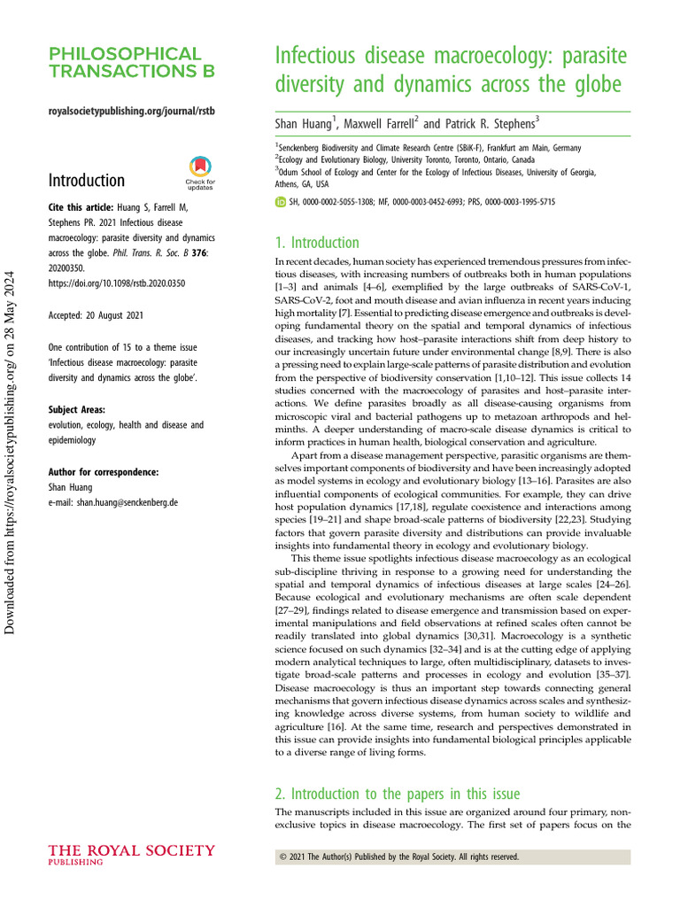 Huang Et Al 2021 Infectious Disease Macroecology Parasite Diversity and ...