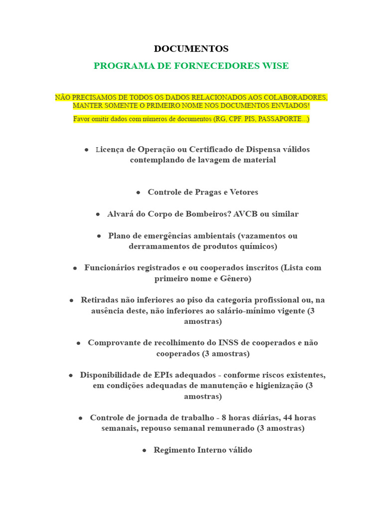 Documentos Programa de Fornecedores Wise | PDF