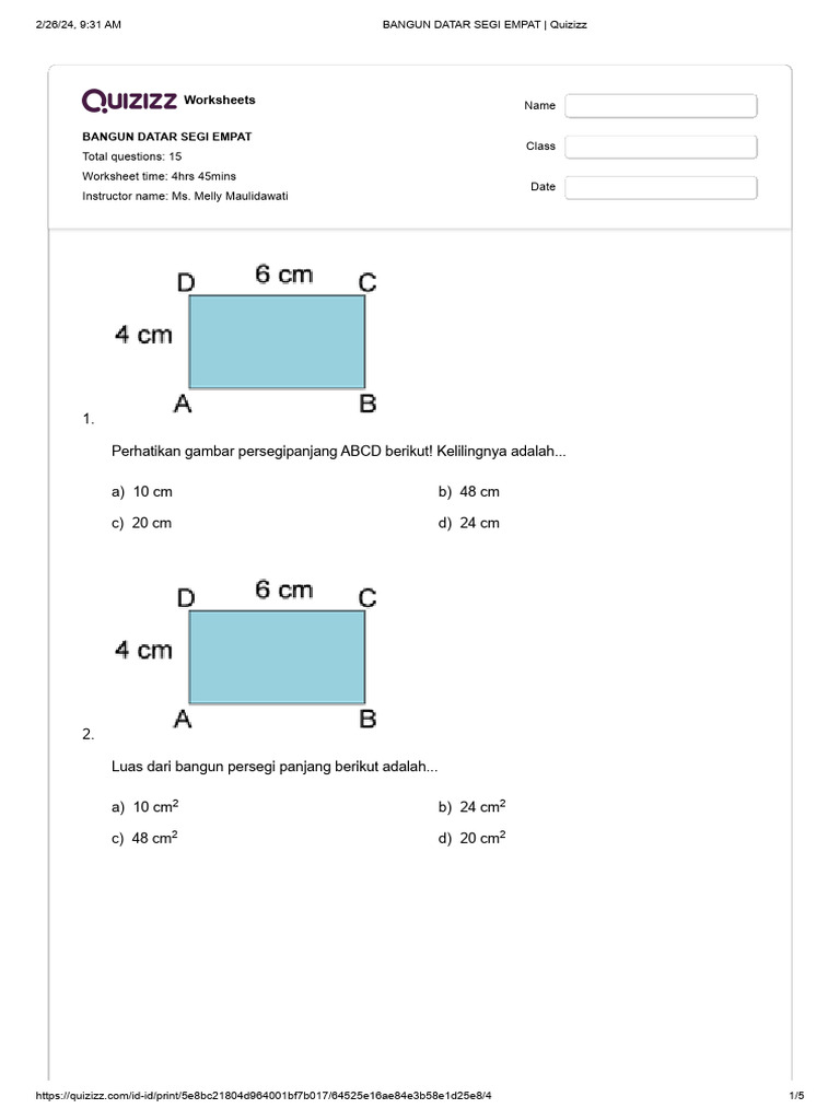 Soal Bangun Datar Segi Empat Kelas 4 | PDF