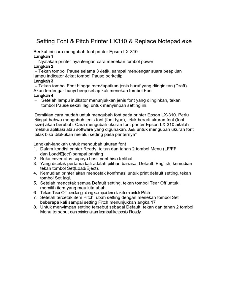Cara Setting Font & Pitch Epson LX-310 | PDF