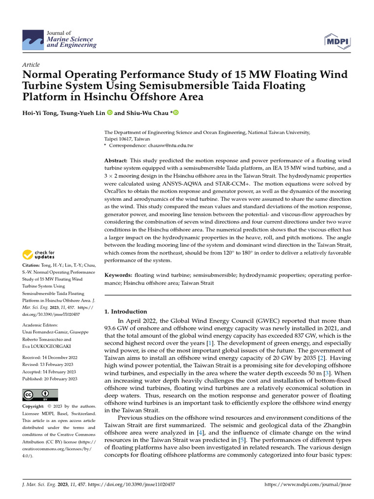 Normal Operating Performance Study of 15 MW Floating Wind | Download ...