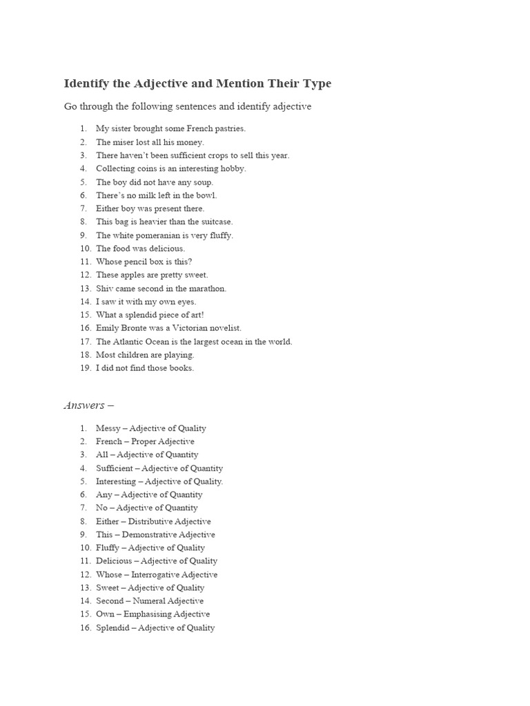 Identify The Adjective and Mention Their Type | PDF