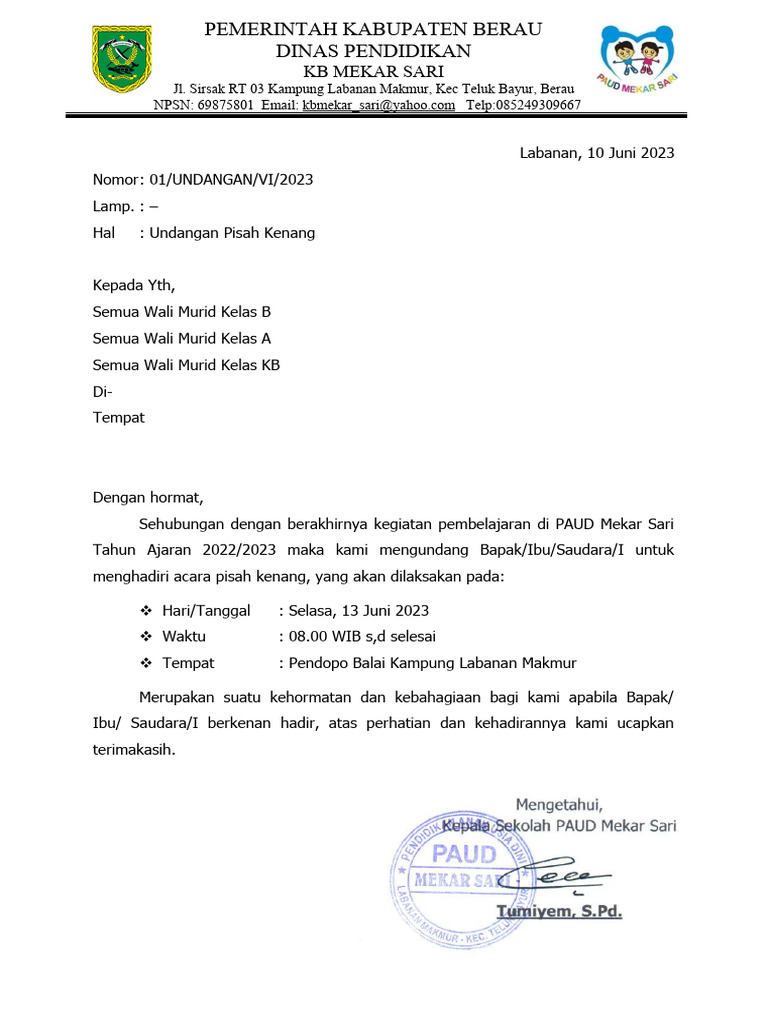 Surat Undangan Pisah Kenang 2023 Untuk Wali Murid | PDF