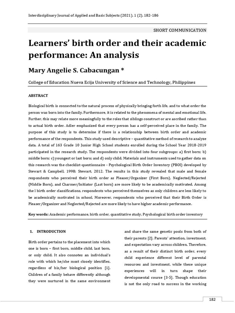 Learners Birth Order Vs Their Academic Performance An Analysis | PDF ...