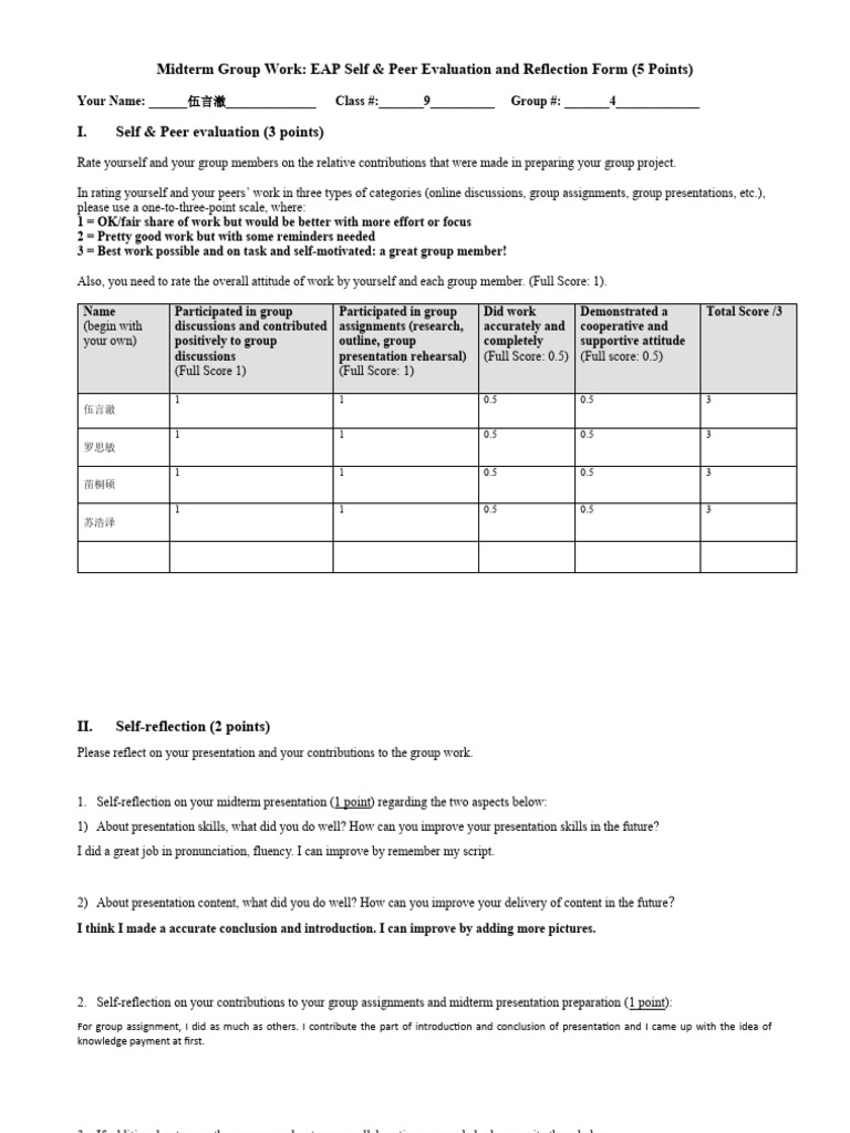 Self &peer Evaluation and Reflection | PDF | Behavior Modification ...