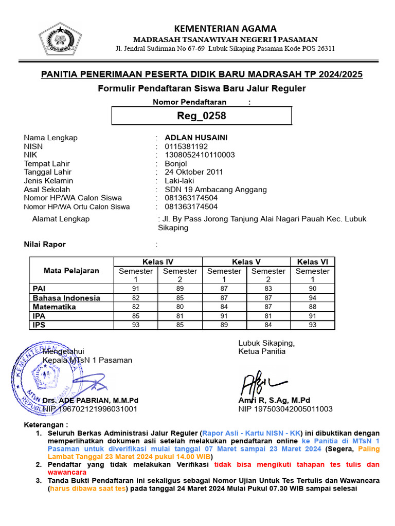 2024 Formulir Pendaftaran Jalur Reguler | PDF