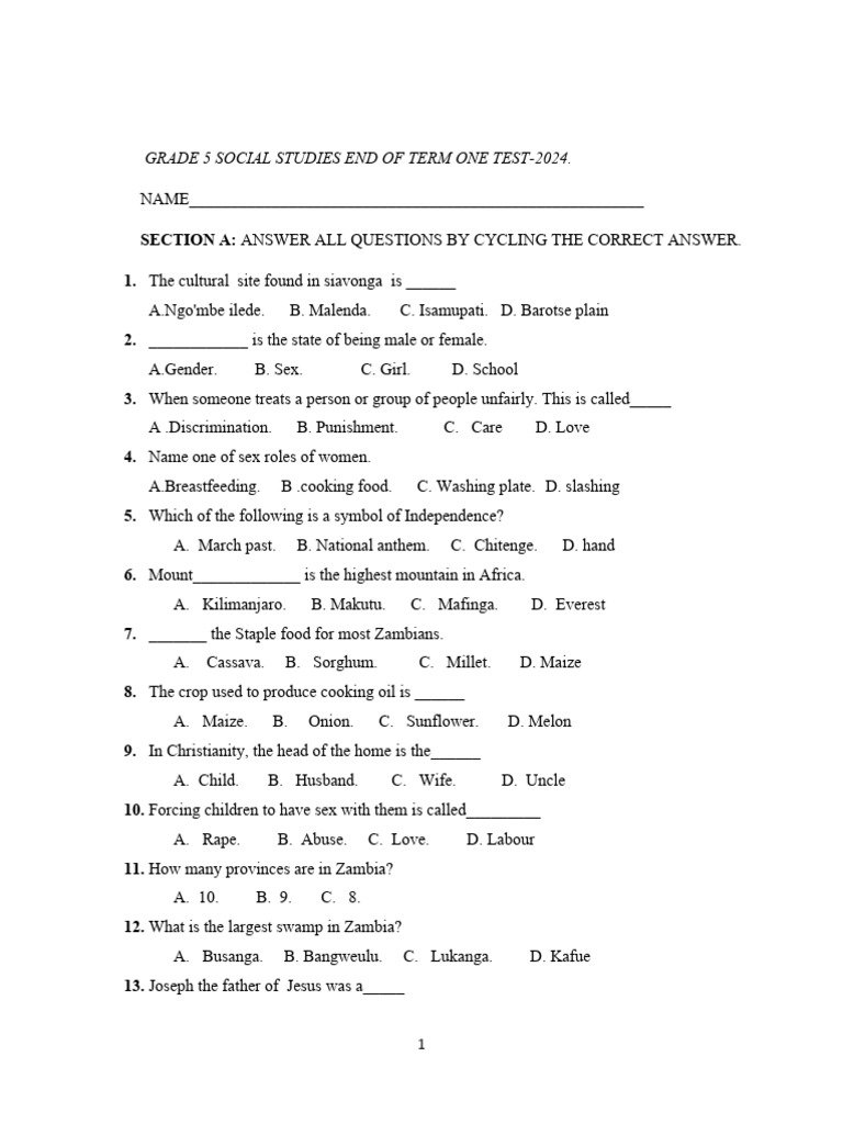 G5 Social Studies Test-2024 | Download Free PDF | Zambia