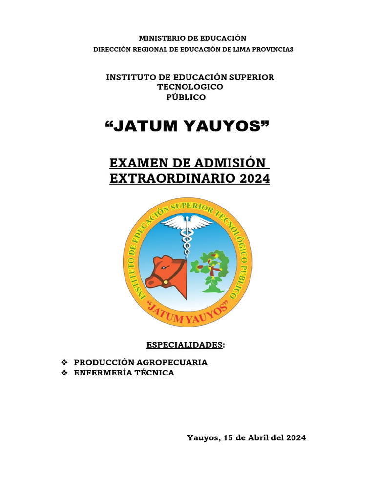 Examen De Admision Extraordinario 2024 I E S T P Jatum Yauyos