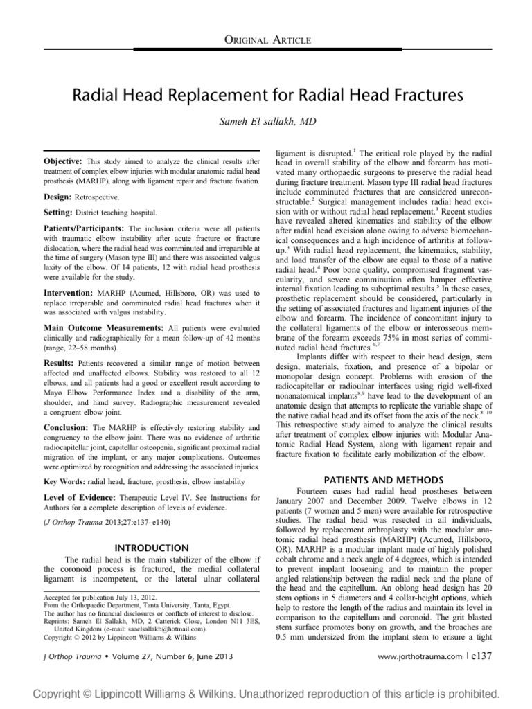 Radial Head Replacement For Radial Head Fractures Pdf Elbow