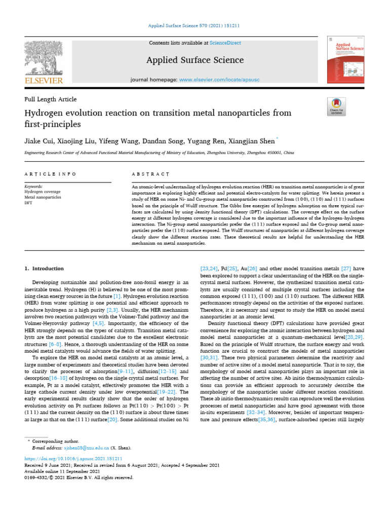 Applied Surface Science: Jiake Cui, Xiaojing Liu, Yifeng Wang, Dandan ...