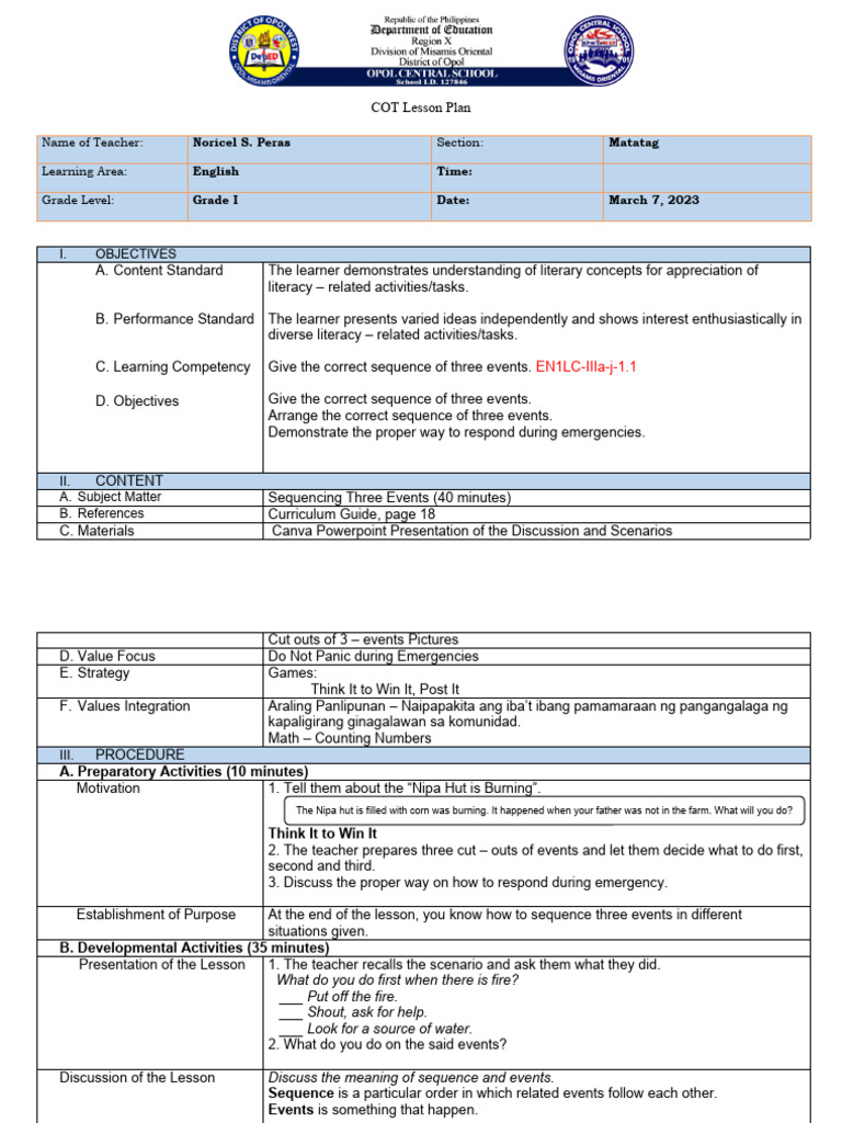 COT-1-ENGLISH-sequence events | PDF | Lesson Plan | Learning
