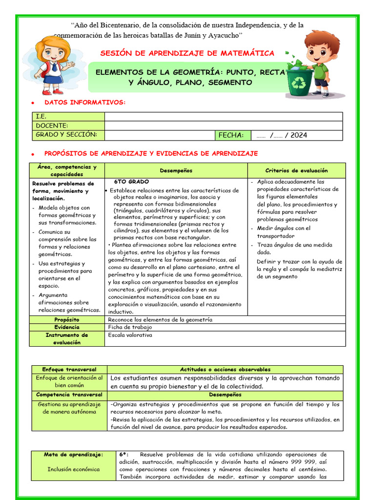 Ses-Lun-Mat-Elementos de La Geometría Punto Recta y Ángulo Plano Segmento | PDF | Geometría | Ángulo