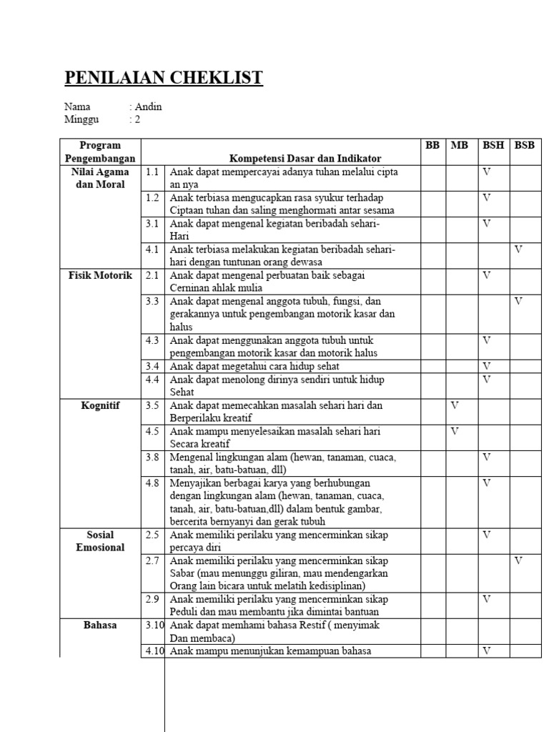Penilaian Cheklist Andin | PDF | Seni & Disiplin Bahasa | Pengembangan Diri