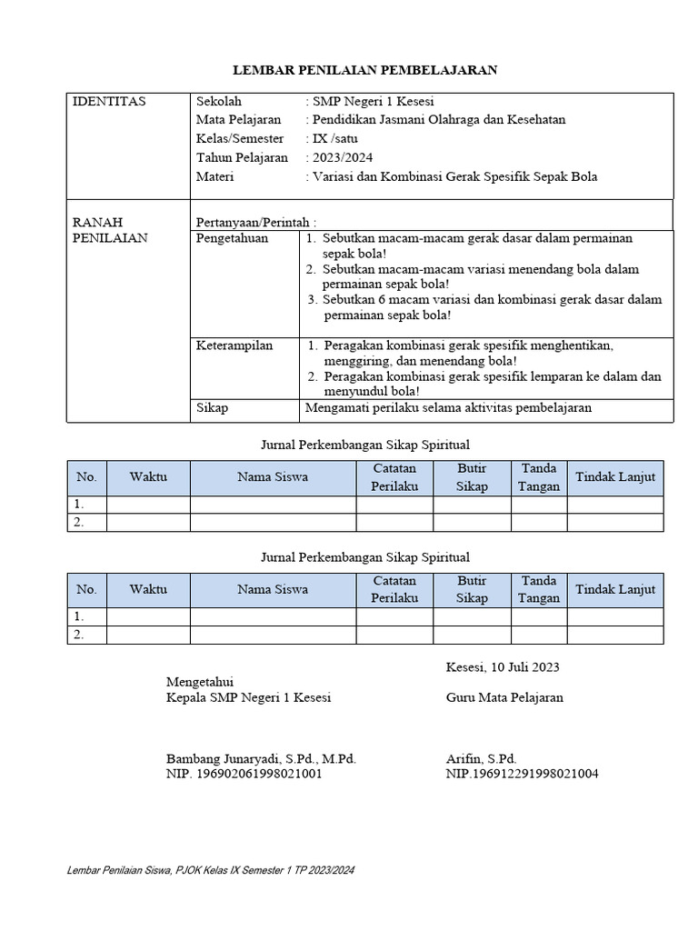 Lampiran RPP PJOK KLS 9 SMT 1 - Penilaian | PDF