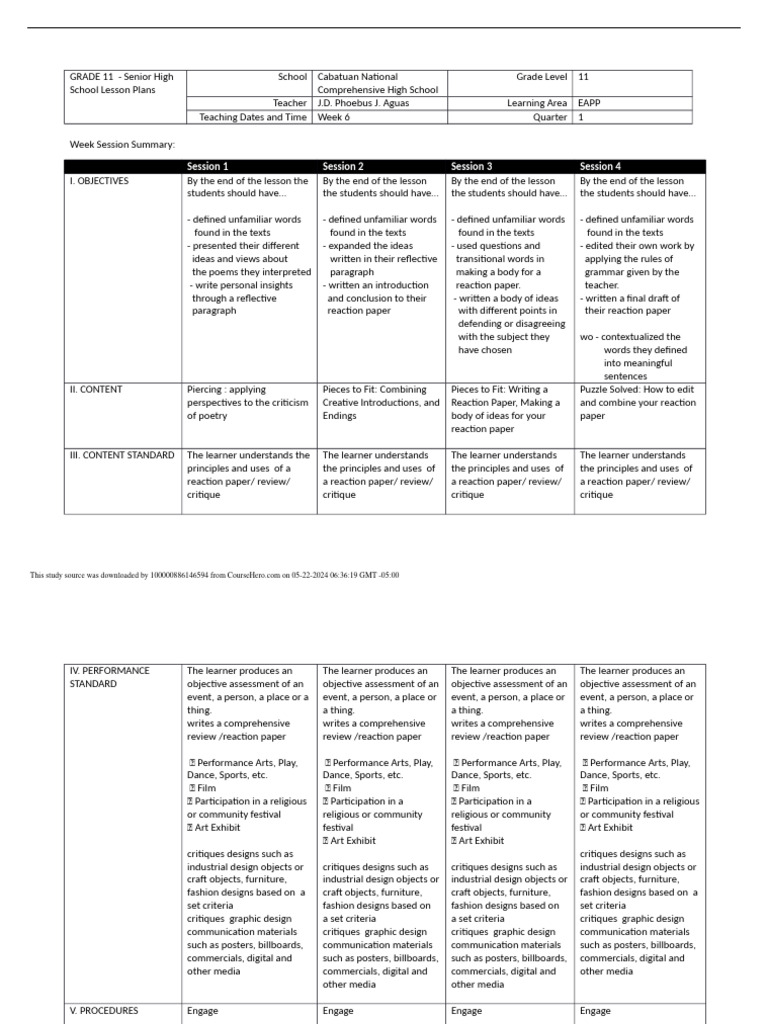 Grade 11 EAPP Lesson Plans Overview | PDF | Graphic Design | Design