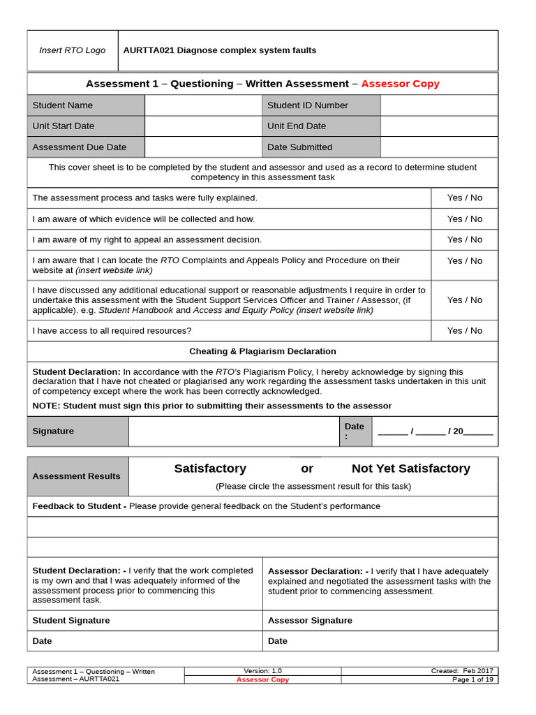 Assessment 1 Questioning Written Assessment Assessor Copy AURTTA021 | PDF