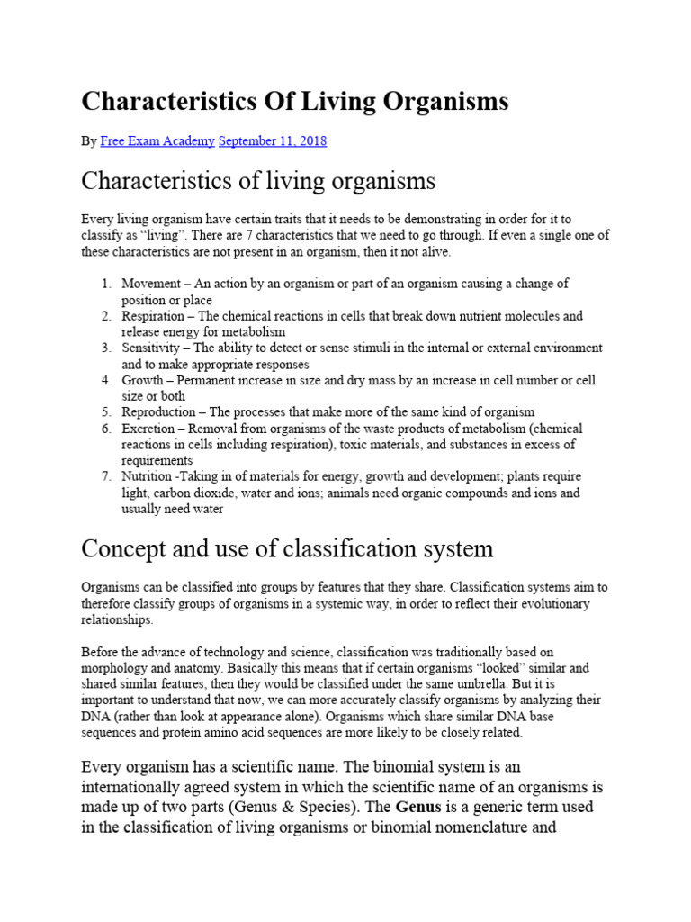 Characteristics Of Living Organisms | PDF | Organisms | Cell (Biology)