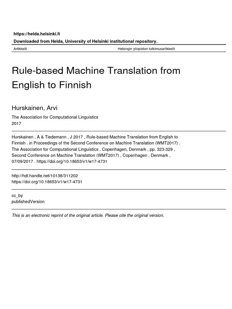 Rule-Based Machine Translation From English To Finnish: Hurskainen ...