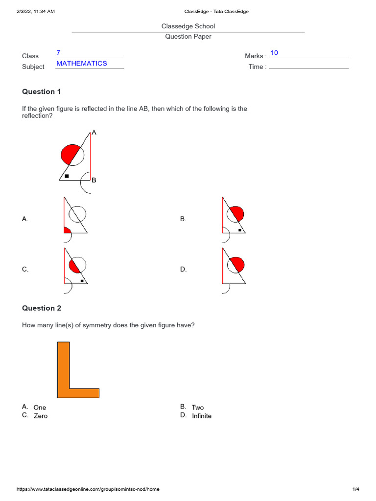 Class 7 Symmetry Question Paper | PDF | Symmetry | Rotation
