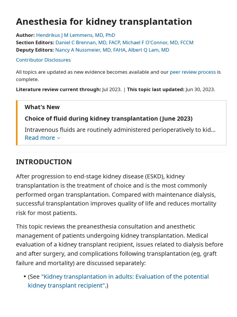 Anesthesia Management in Kidney Transplant | PDF | Kidney ...
