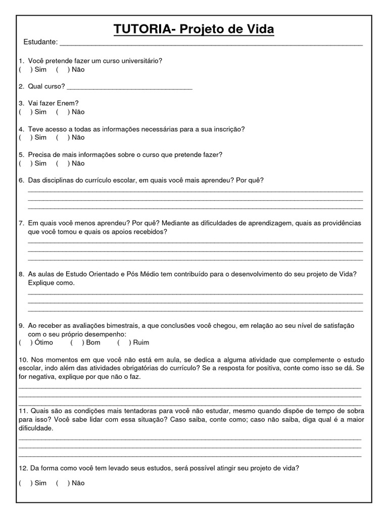 Questionário Projeto de vida (3) | PDF Questionário Projeto de vida (3) | PDF