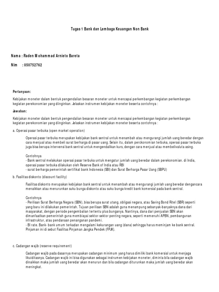 Tugas 1 Bank Dan Lembaga Keuangan Non Bank (Eksi4205) | PDF
