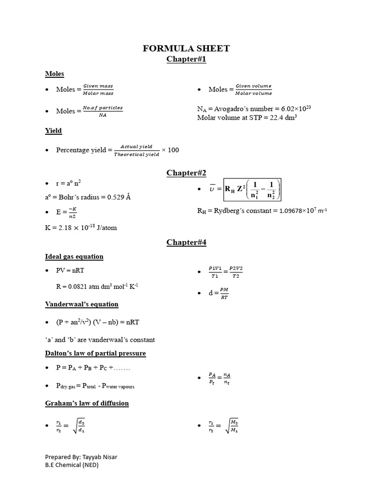 Formula sheet (xi) | Download Free PDF | Mole (Unit) | Parts Per Notation