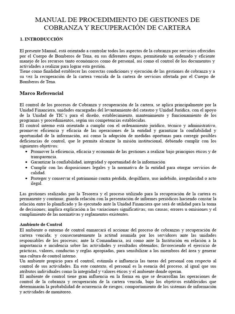 MANUAL DE PROCEDIMIENTO DE GESTIONES DE COBRANZA Y RECUPERACIÓN DE CARTERA CBT | Descargar ...
