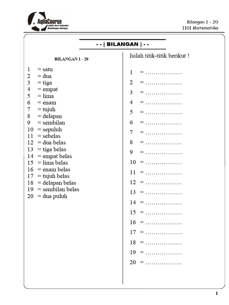 Modul Bimbel Kelas 1 KTSP 1101 Matematika Bab 1 Bilangan 1 - 20 | PDF