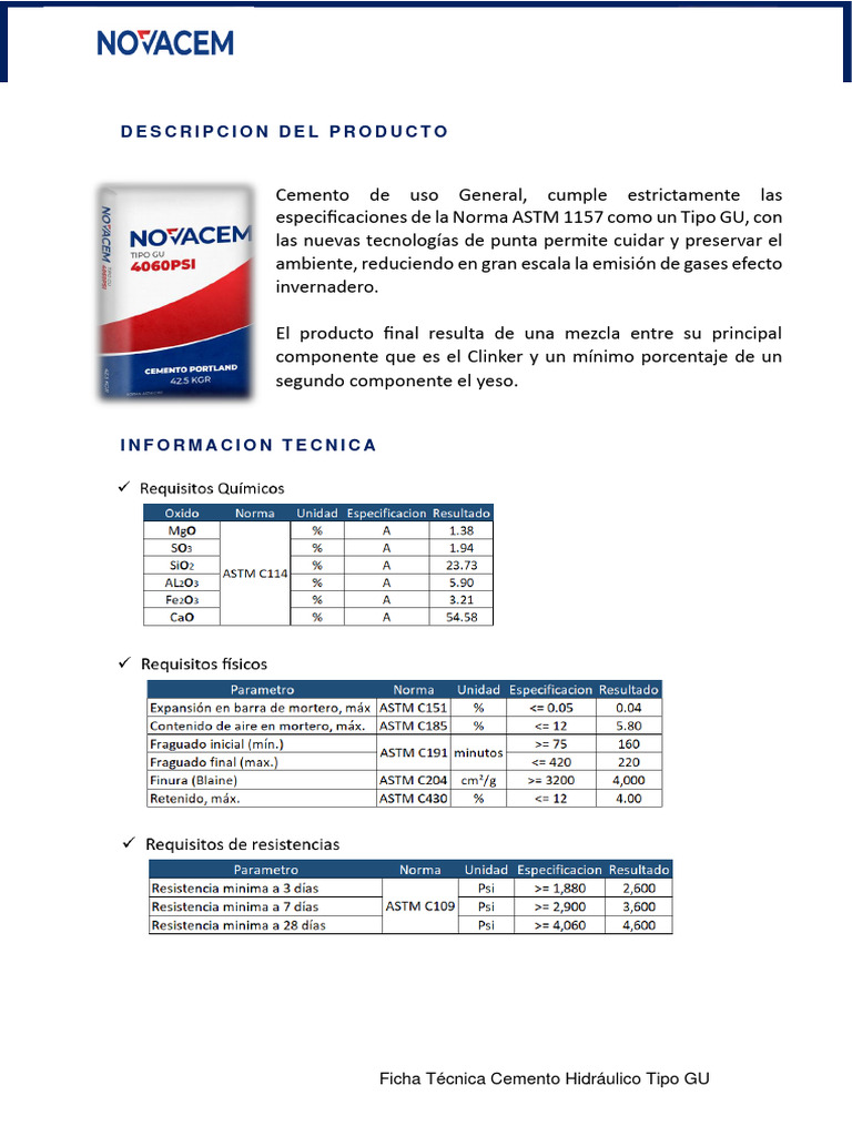 Ficha Técnica Cemento Novacem Tipo GU | PDF