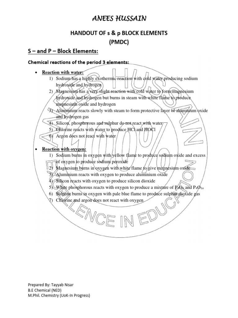 Handout of S & P Block Elements (PMDC) | PDF | Hydroxide | Magnesium