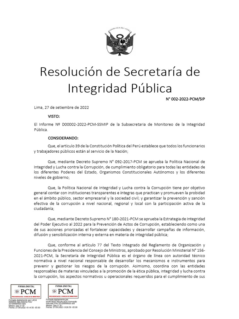 RSIP N 002-2022-PCM-SIP Est Intg Publ | PDF | Ministerio (Departamento ...