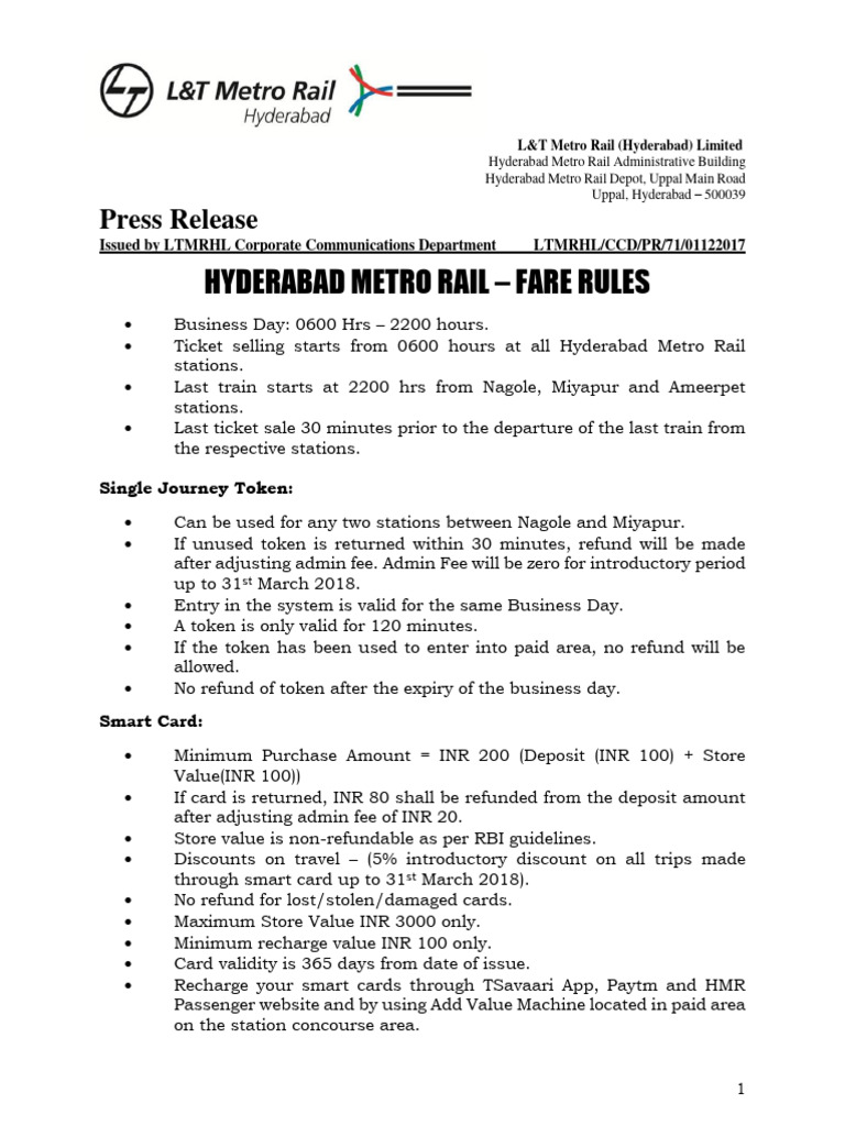 Press Release 1st December 2017 Hyderabad Metro Rail Fare Rules | PDF ...