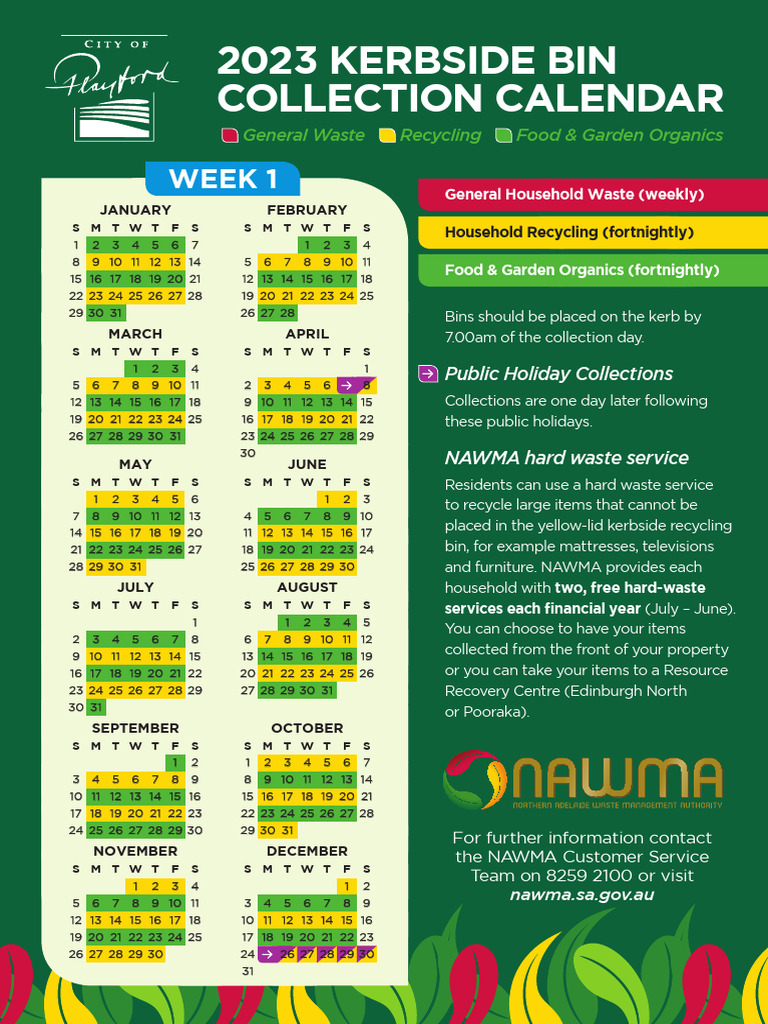NAWMA Collection Calendar 2023 City of Playford Week 1 1 | PDF | Public ...
