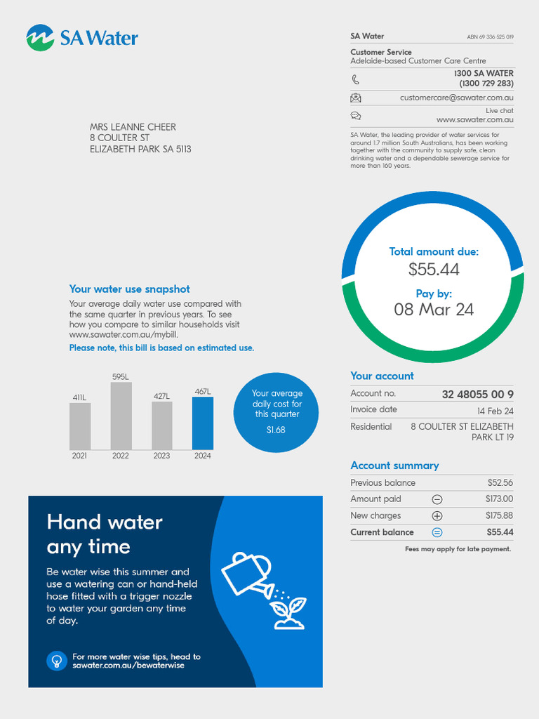 Total Amount Due:: SA Water Customer Service Adelaide-Based Customer ...