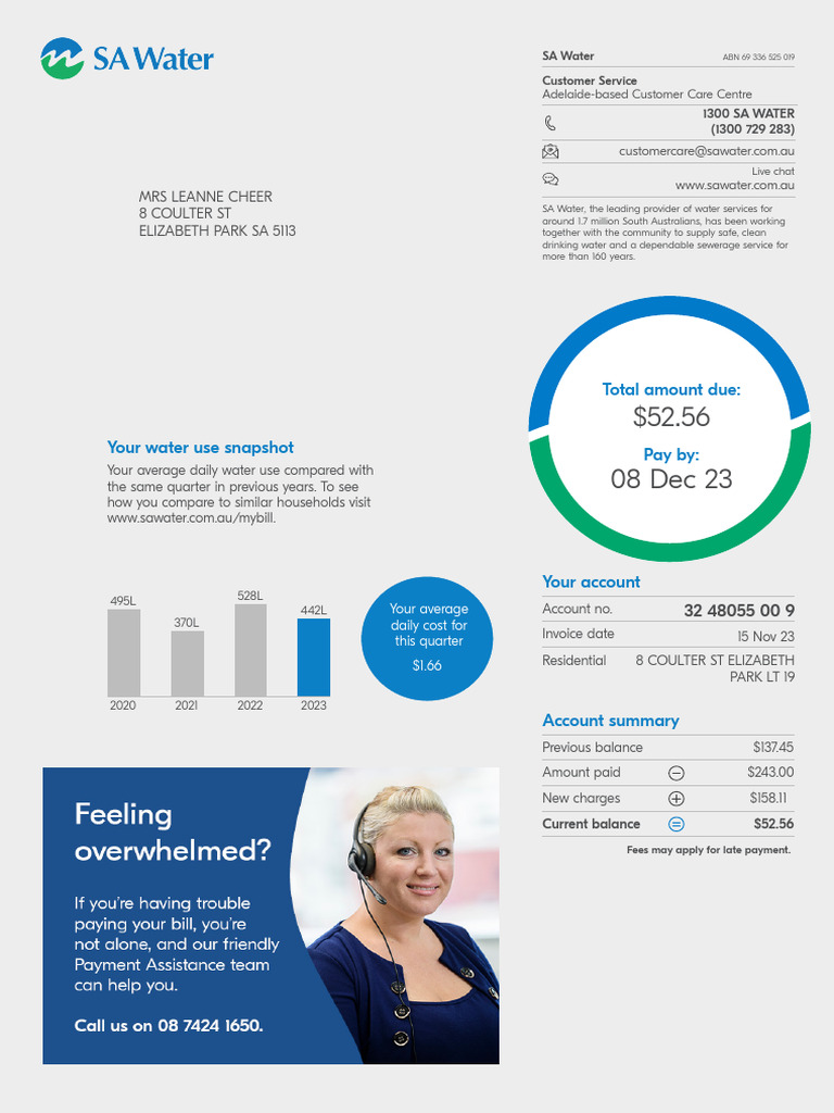 Total Amount Due:: SA Water Customer Service Adelaide-Based Customer ...