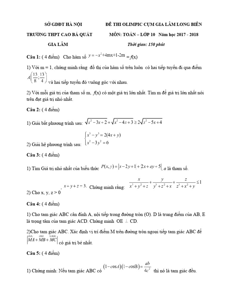 34 Olympic Toan 10 Truong CBQ Gui Cum LB GL 2017-2018 | PDF