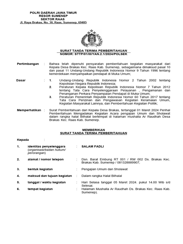 Surat Pemberitahuan Pengajian Umum Desa Brakas | PDF