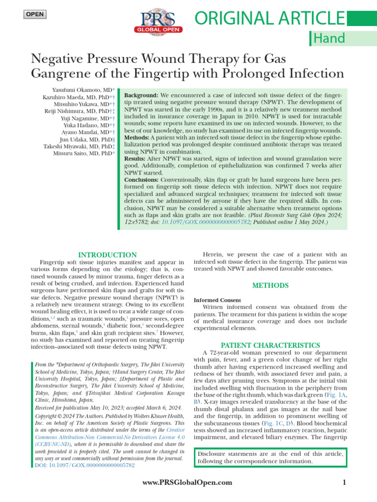 Negative Pressure Wound Therapy For Gas Gangrene of The Fingertip With ...