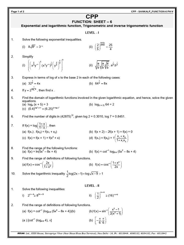 Exponential and Logarithmic Functions Worksheet | PDF | Logarithm | Mathematical Concepts