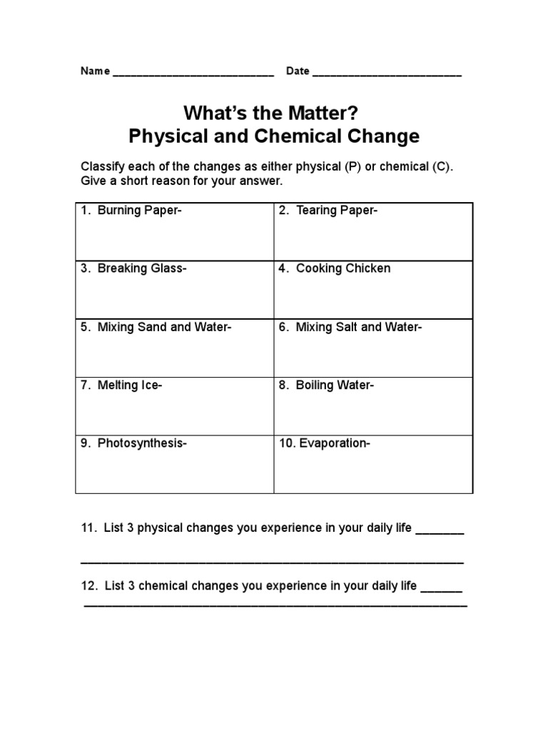Physical vs Chemical Changes Worksheet | PDF