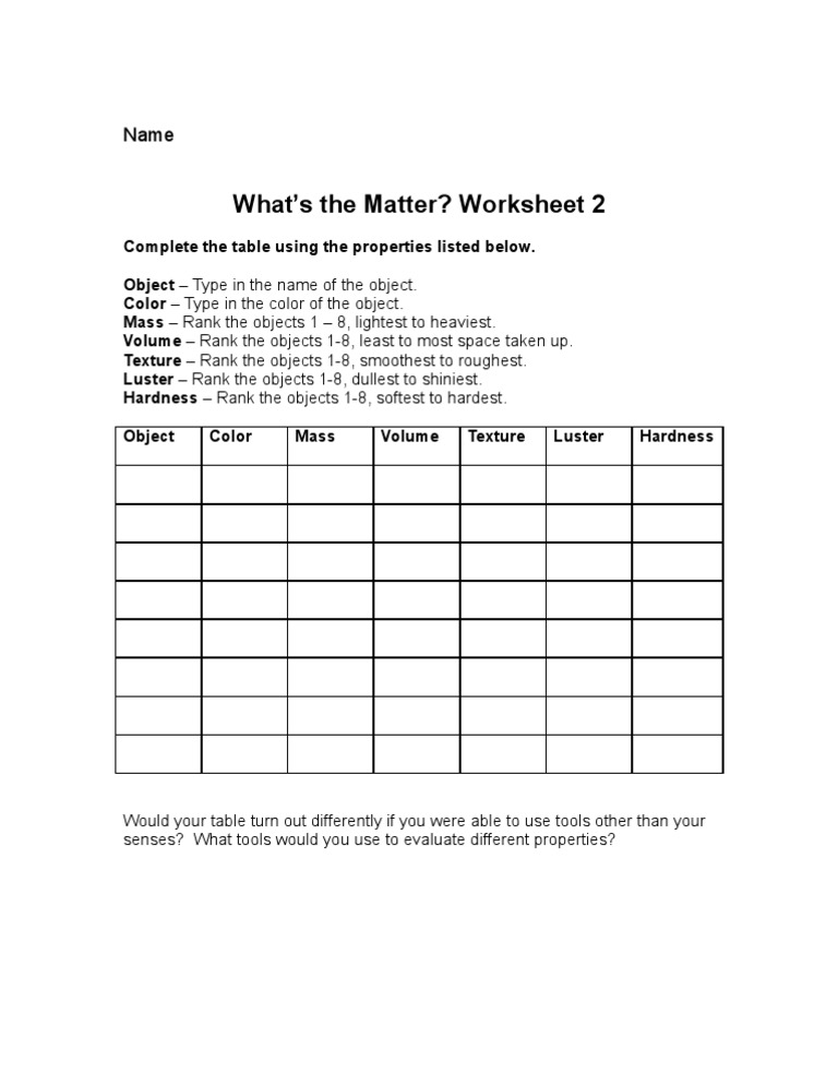 Object Properties Ranking Worksheet | PDF