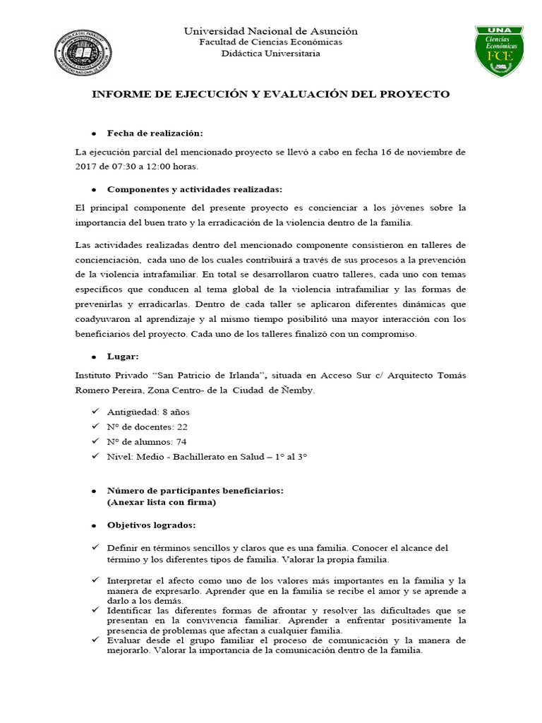 INFORME DE EJECUCI+ôN Y EVALUACI+ôN DEL PROYECTO | PDF | Evaluación | Violencia doméstica